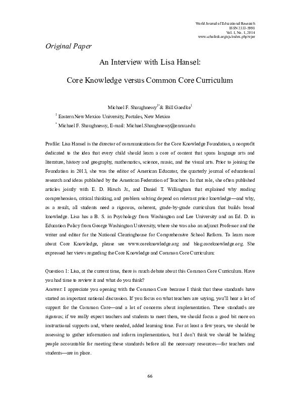 (PDF) An Interview with Lisa Hansel: Core Knowledge versus Common Core ...