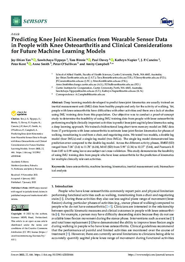 Pdf Predicting Knee Joint Kinematics From Wearable Sensor Data In