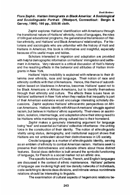(PDF) [Review of] Flore Zephir, Haitian Immigrants in Black American: A ...