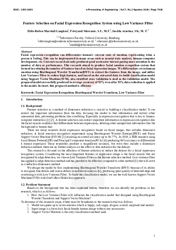 Pdf Feature Selection On Facial Expression Recognition System Using Low Variance Filter