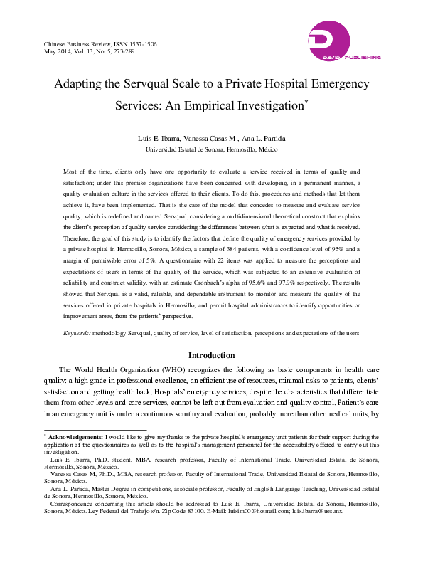 (PDF) Adapting the Servqual Scale to a Private Hospital Emergency Services: An Empirical ...