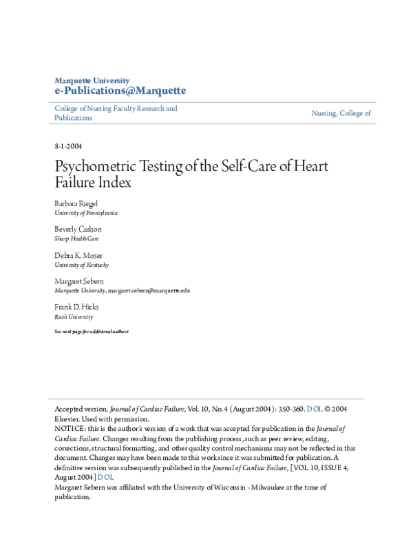 (PDF) Psychometric testing of the self-care of heart failure index