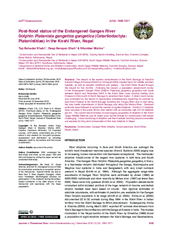 (PDF) Post-flood status of the Endangered Ganges River Dolphin ...