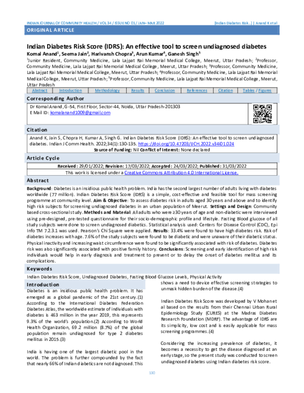 (PDF) Indian Diabetes Risk Score (IDRS): An effective tool to screen ...