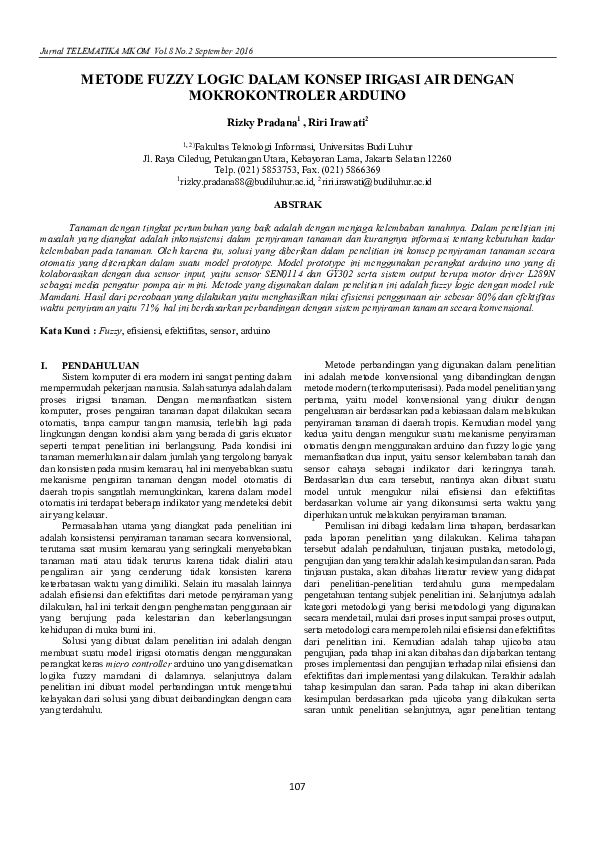 Pdf Metode Fuzzy Logic Dalam Konsep Irigasi Air Dengan Mokrokontroler Arduino