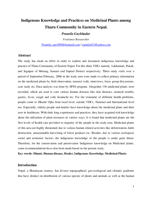 (PDF) Indigenous Knowledge and Practices on Medicinal Plants among Tharu Community in Eastern Nepal