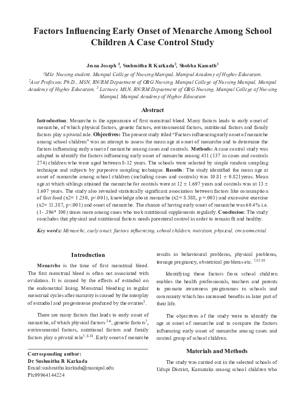 (PDF) Factors Influencing Early Onset of Menarche Among School Children ...