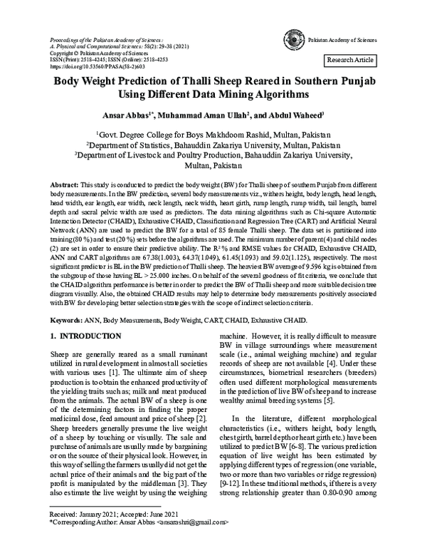 (PDF) Body Weight Prediction of Thalli Sheep Reared in Southern Punjab Using Different Data ...