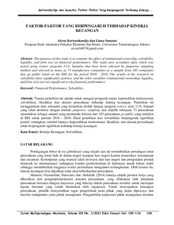 (PDF) Faktor-Faktor Yang Berpengaruh Terhadap Kinerja Keuangan