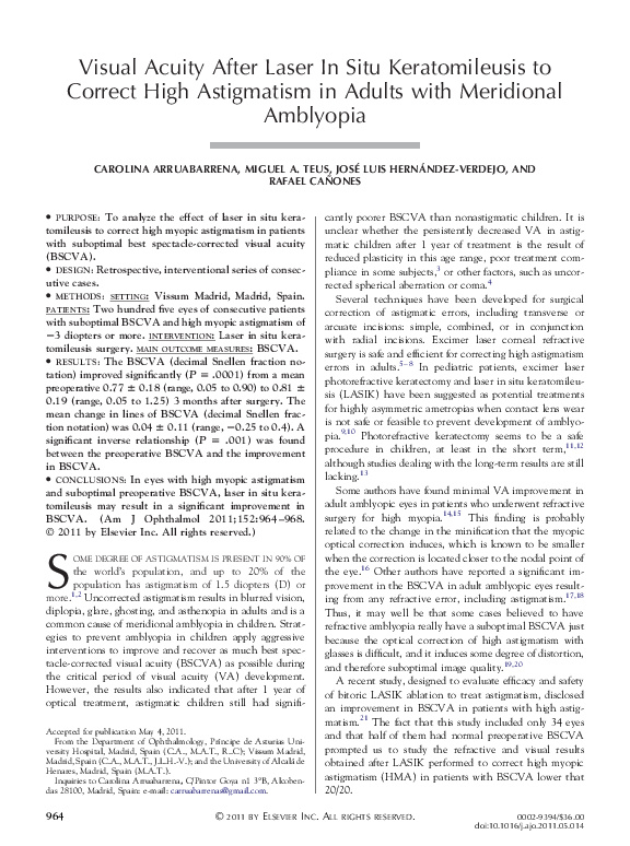 (PDF) Visual Acuity After Laser In Situ Keratomileusis to Correct High ...