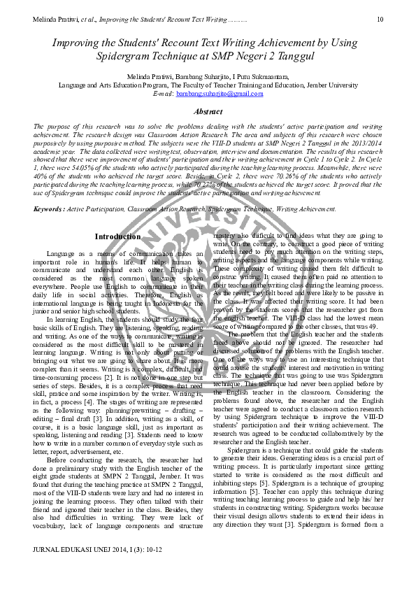 (PDF) Improving the Students' Recount Text Writing Achievement by Using Spidergram Technique at ...