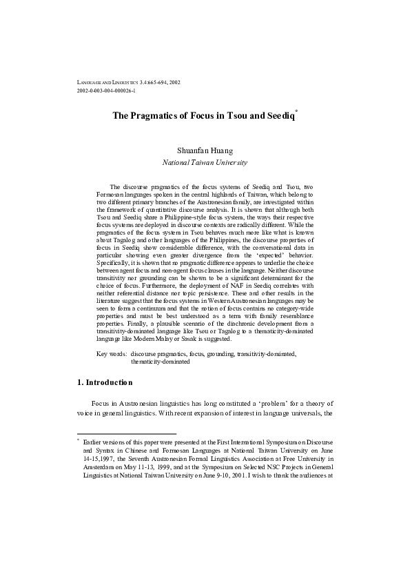 (PDF) The pragmatics of focus in Tsou and Seediq