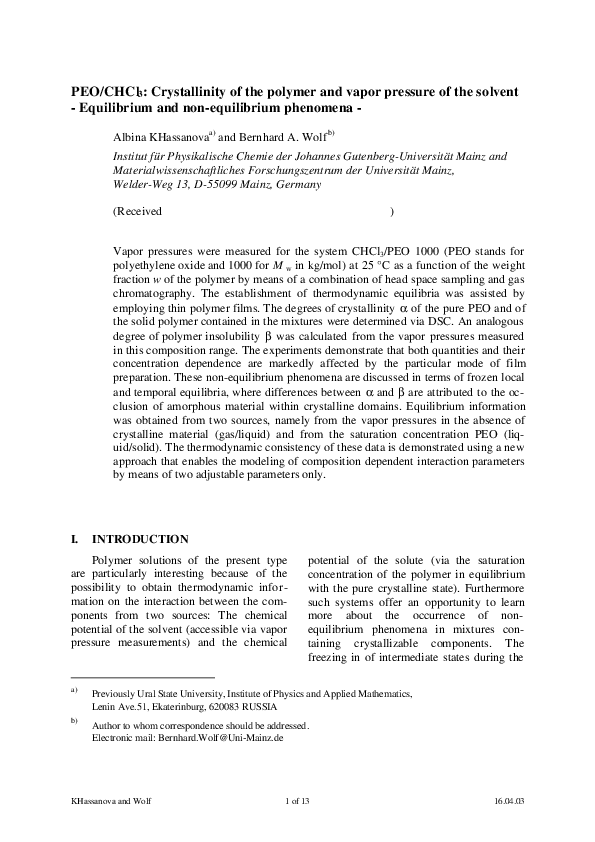 (PDF) PEO/CHCl 3 . Crystallinity of the Polymer and Vapor Pressure of the Solvent. Equilibrium ...