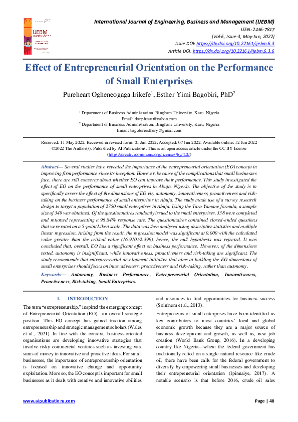 (PDF) Effect of Entrepreneurial Orientation on the Performance of Small Enterprises
