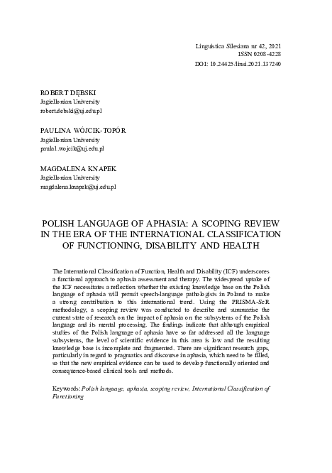 (PDF) Polish Language of Aphasia: A Scoping Review in the Era of the ...
