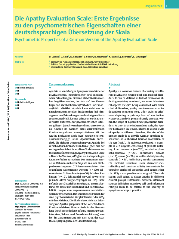 (PDF) Die Apathy Evaluation Scale: Erste Ergebnisse zu den ...