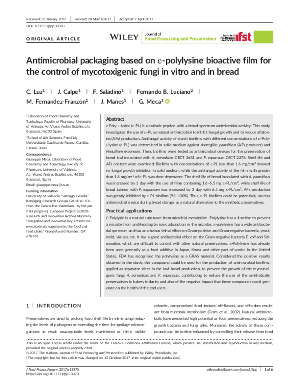 (PDF) Antimicrobial packaging based on ɛ-polylysine bioactive film for ...