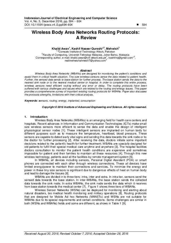 Pdf Wireless Body Area Networks Routing Protocols A Review