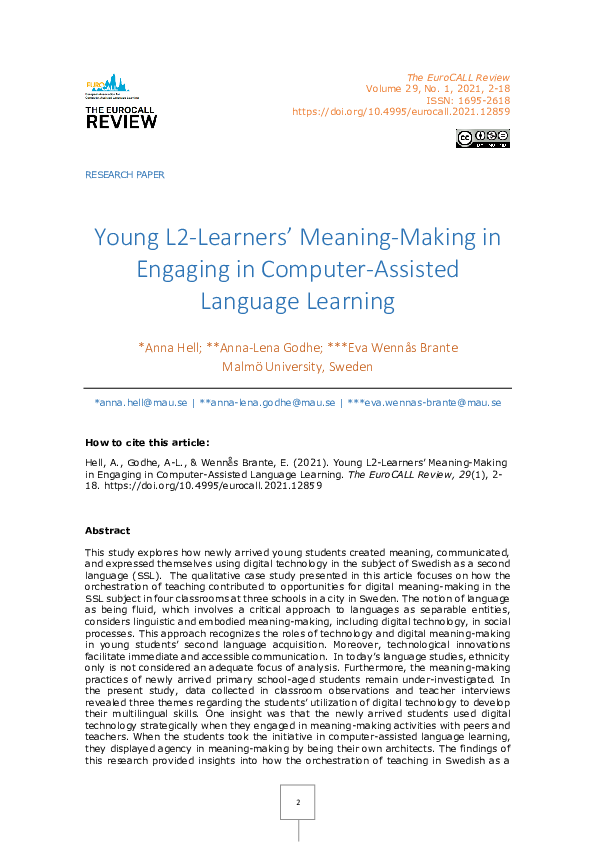 (PDF) Young L2-learners' meaning-making in engaging in computer-assisted language learning