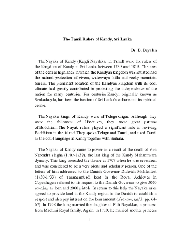 (PDF) Tamil Rulers of Kandy, Sri Lanka