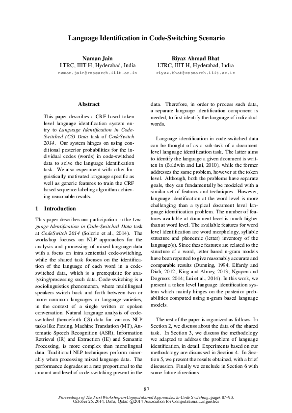 (PDF) Language Identification in Code-Switching Scenario