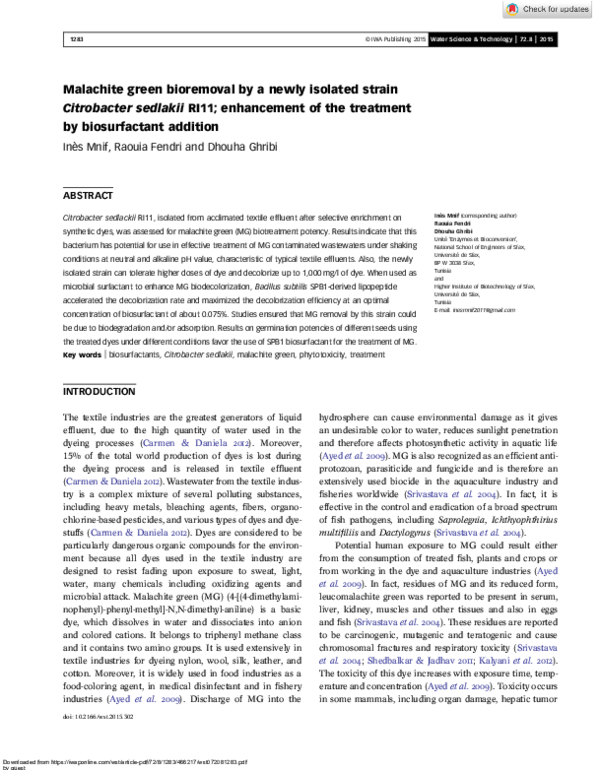 (PDF) Malachite green bioremoval by a newly isolated strain Citrobacter ...