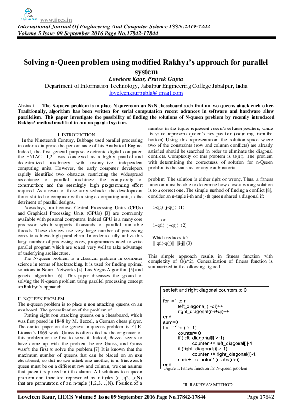 (PDF) Solving n­Queen problem using modified Rakhya’s approach for parallel system