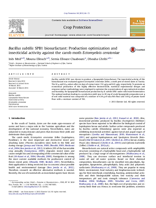 Pdf Bacillus Subtilis Spb1 Biosurfactant Production Optimization And Insecticidal Activity