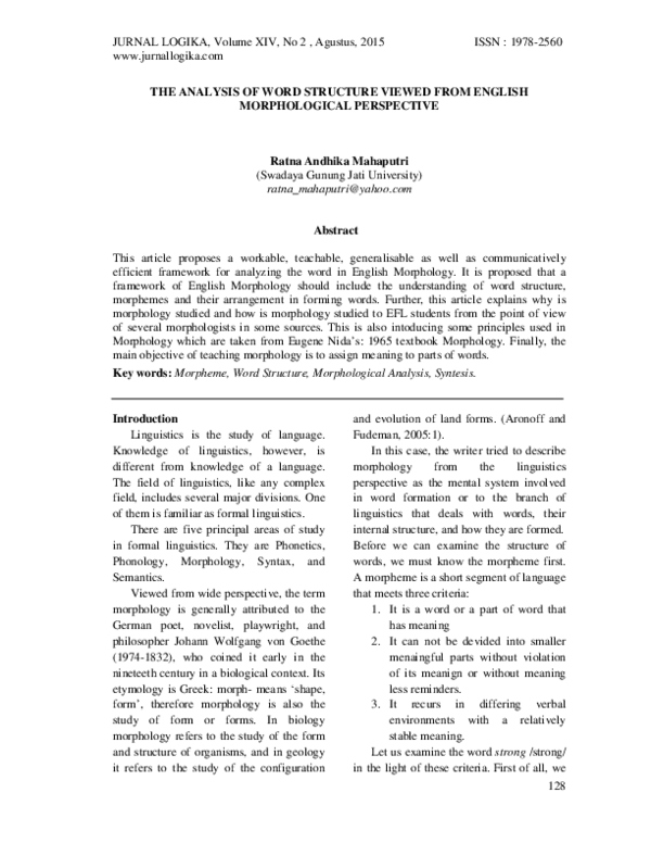 (PDF) The Analysis of Word Structure Viewed from English Morphological ...