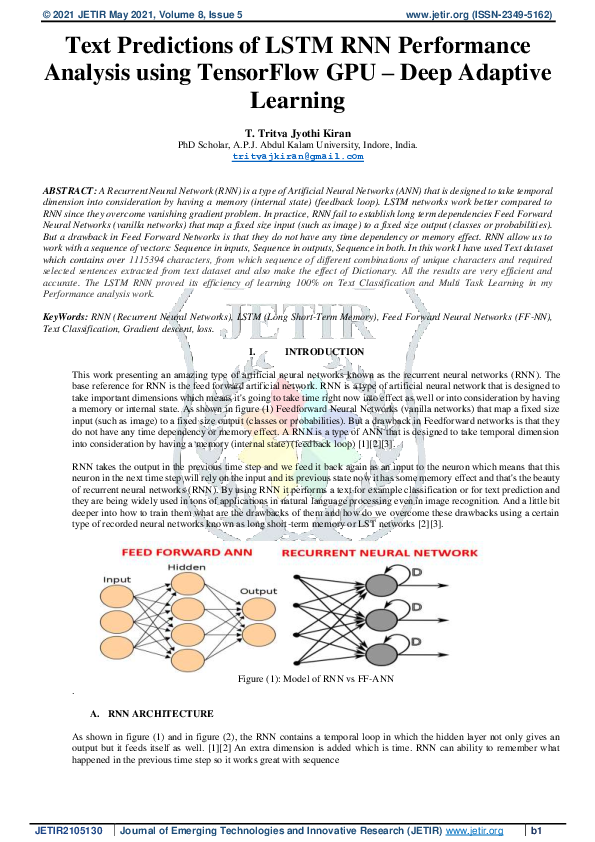 (PDF) Text Predictions of LSTM RNN Performance Analysis using Tensor Flow GPU – Deep Adaptive ...