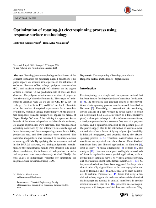 (PDF) Optimization of rotating-jet electrospinning process using response surface methodology