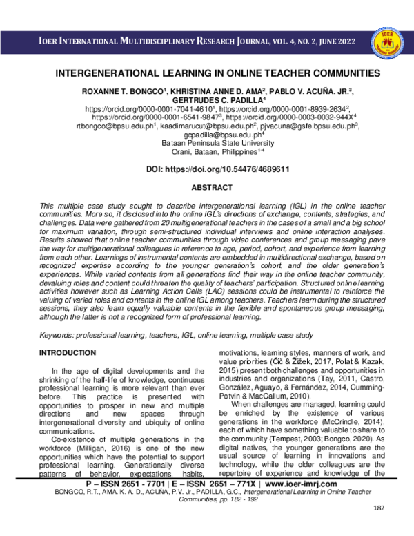 (PDF) INTERGENERATIONAL LEARNING IN ONLINE TEACHER COMMUNITIES