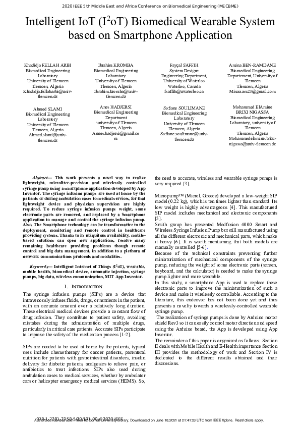 Pdf Intelligent Iot I 2 Ot Biomedical Wearable System Based On Smartphone Application