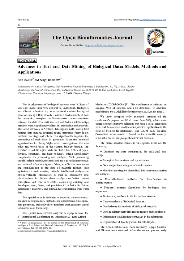 Pdf Advances In Text And Data Mining Of Biological Data Models