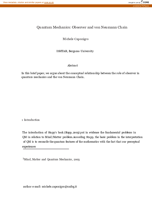 (PDF) Quantum Mechanics: Observer and von Neumann Chain