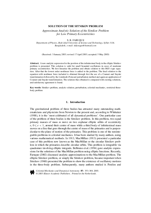(PDF) Solution of the Sitnikov Problem
