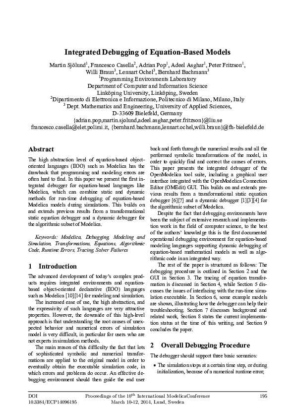 Pdf Integrated Debugging Of Equation Based Models