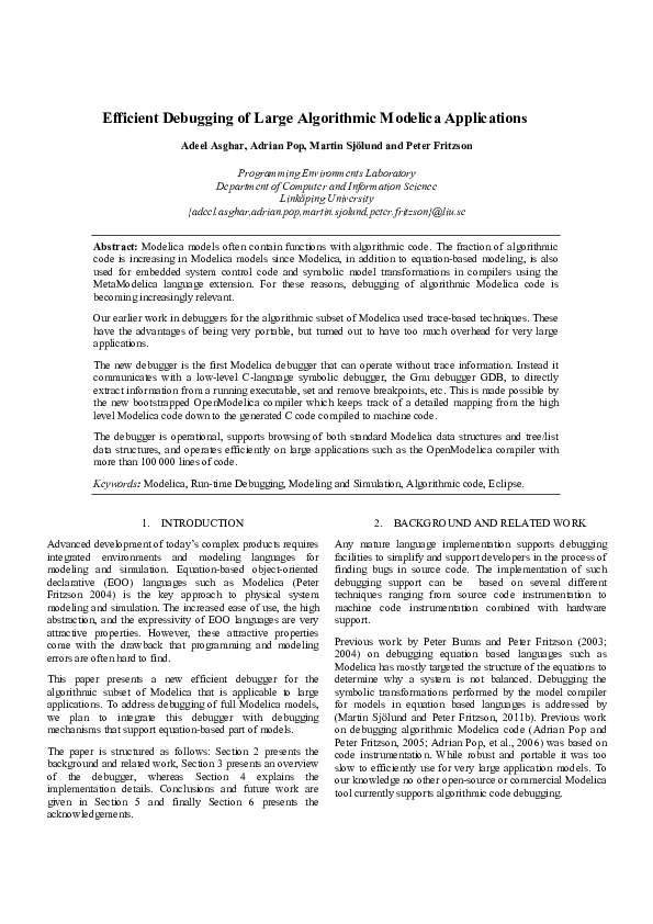 Pdf Efficient Debugging Of Large Algorithmic Modelica Applications