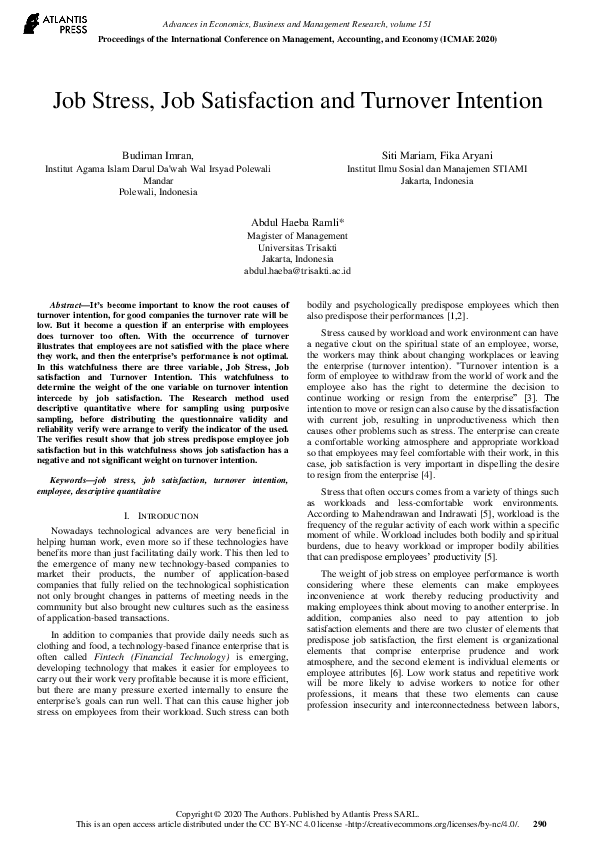 (PDF) Job Stress, Job Satisfaction and Turnover Intention