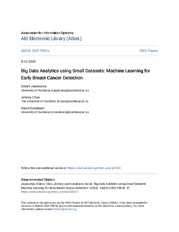 (PDF) Big Data Analytics using Small Datasets: Machine Learning for ...