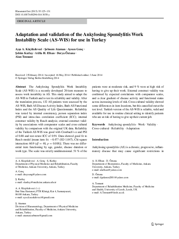 (PDF) Adaptation and validation of the Ankylosing Spondylitis Work ...