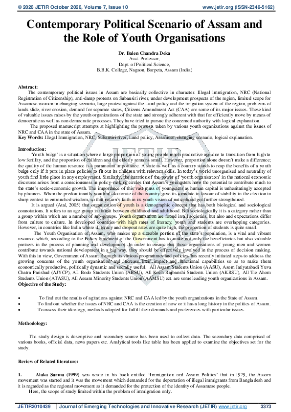 (PDF) Contemporary Political Scenario of Assam and the Role of Youth ...