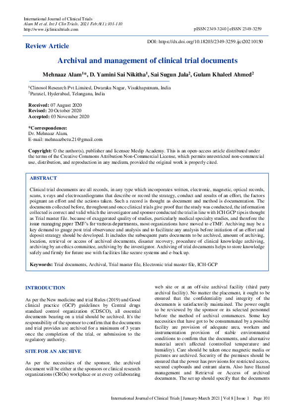 (PDF) Archival and management of clinical trial documents