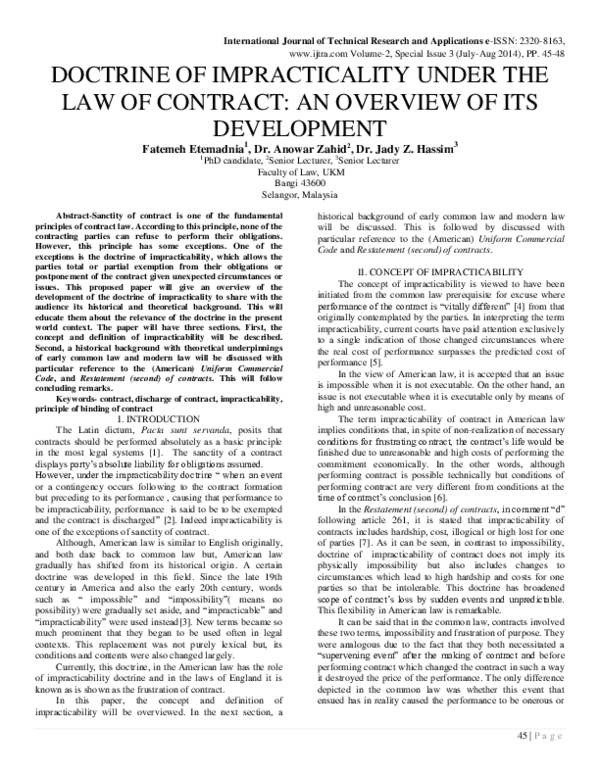 (PDF) Doctrine of Impracticality Under the Law of Contract: An Overview ...