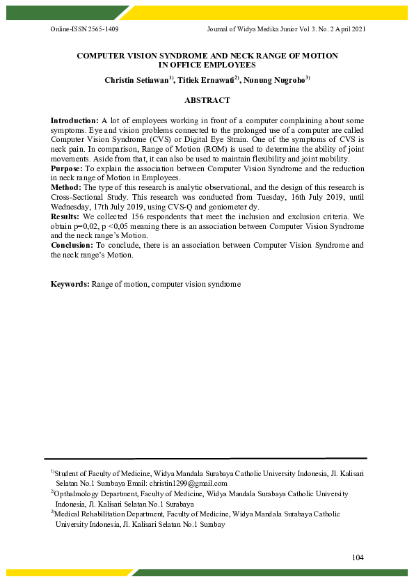 (PDF) Computer Vision Syndrome and Neck Range of Motion in Office Employees
