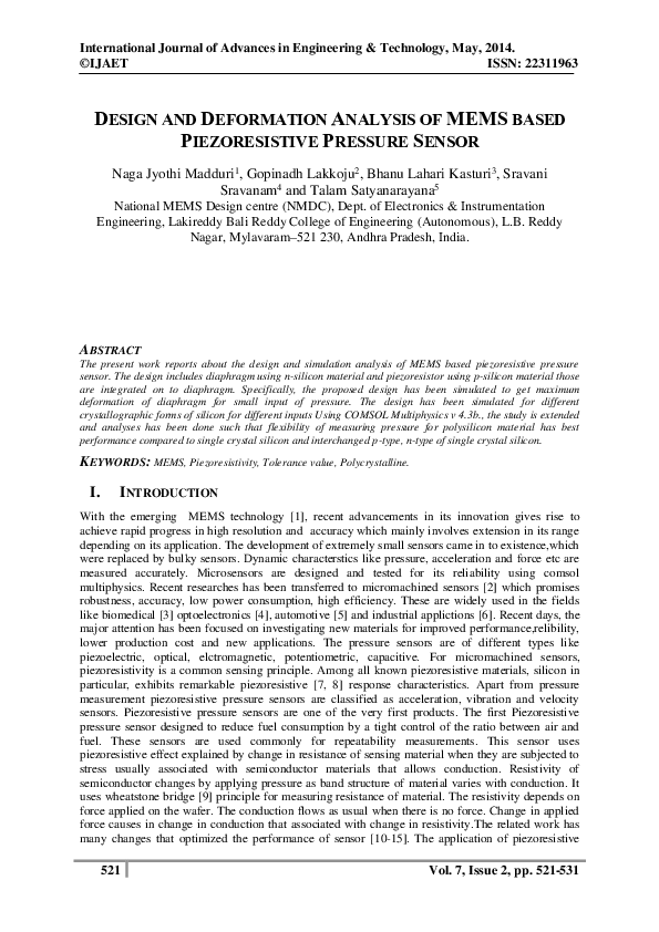 (PDF) Design and Deformation Analysis of Mems Based Piezoresistive Pressure Sensor