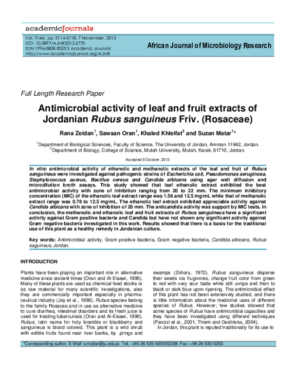 (PDF) Antimicrobial Activity of Leaf and Fruit Extracts of Jordanian Rubus sanguineus Friv ...