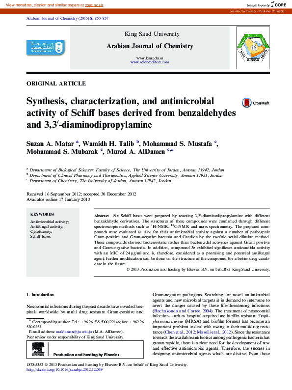 (PDF) Synthesis , characterization , and antimicrobial activity of Schiff bases derived from ...