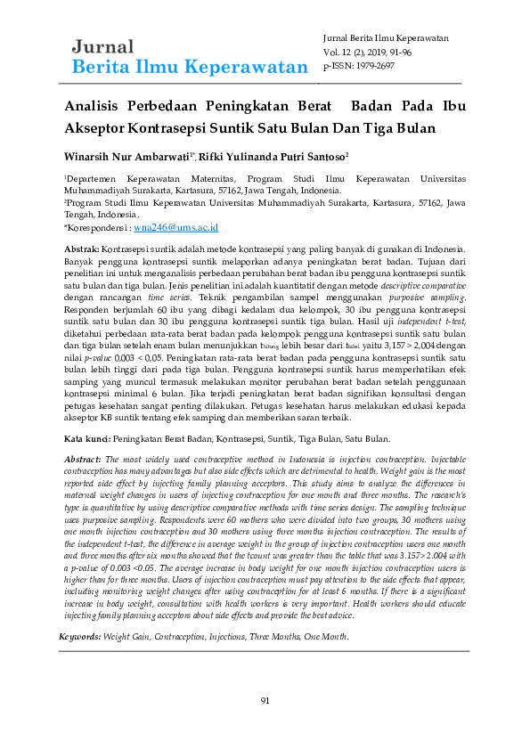 (PDF) Analisis Perbedaan Peningkatan Berat Badan Pada Ibu Akseptor Kontrasepsi Suntik Satu Bulan ...
