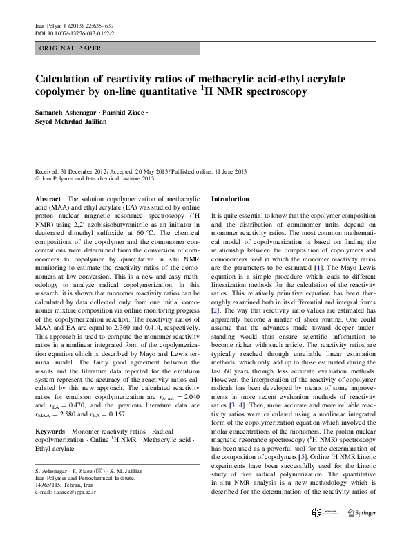 (PDF) Calculation of reactivity ratios of methacrylic acid-ethyl ...